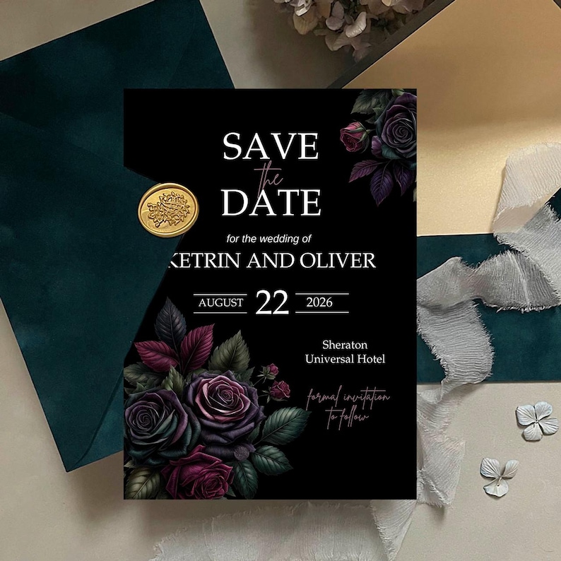 Moody Gothic Black Save the Date, Dark Floral Wedding Invitation ...