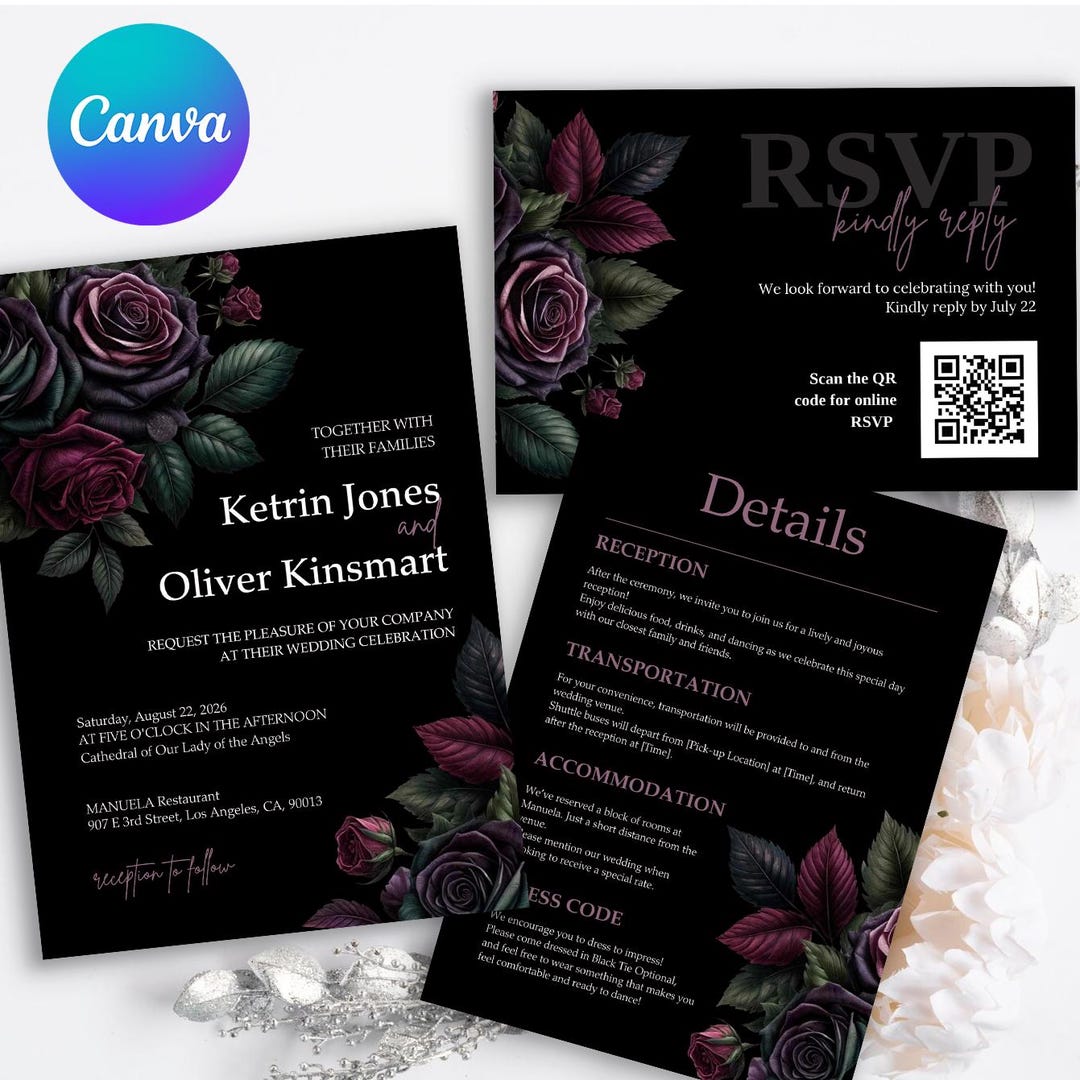 Moody Dark Gothic Floral Wedding Invitation Suit, Black Goth Wedding ...