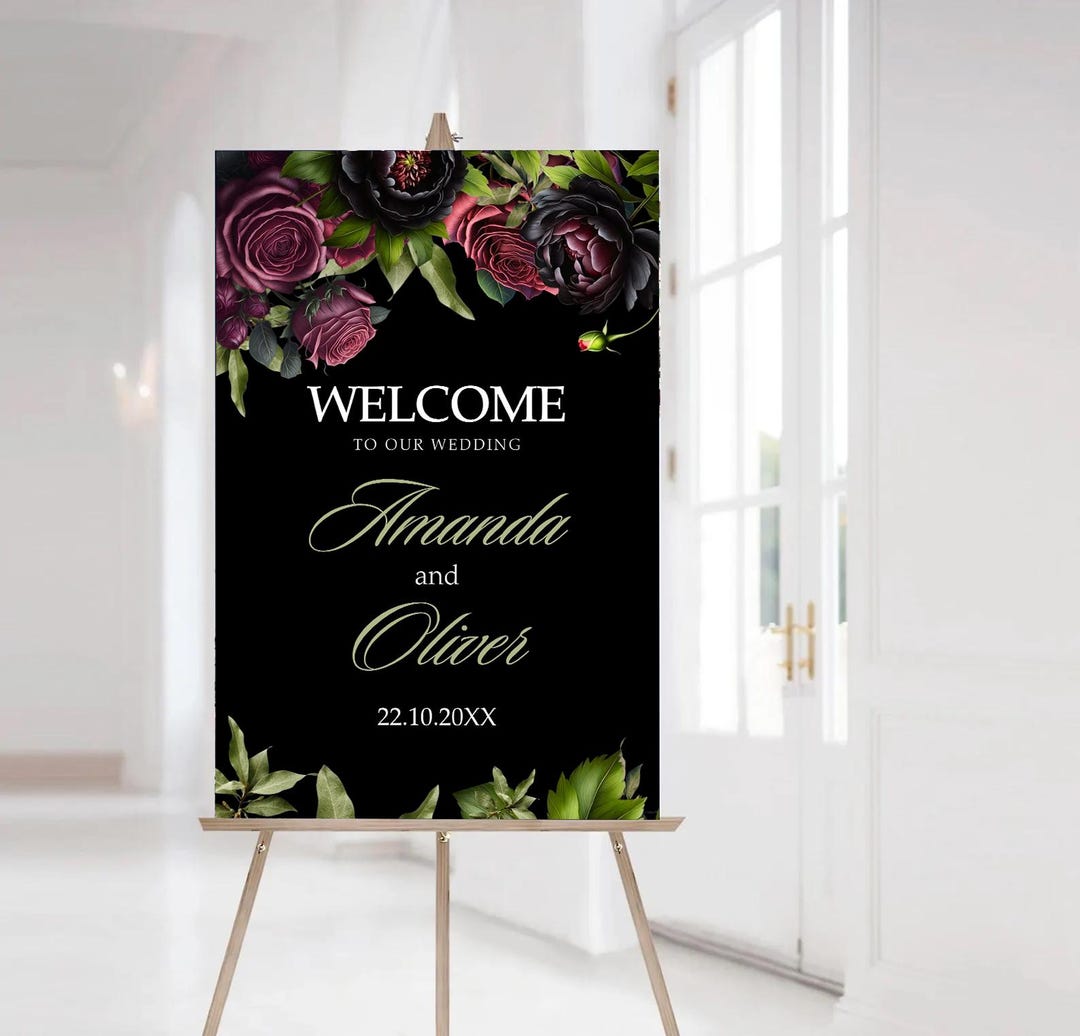 Black & Burgundy Wedding Welcome Sign, Burgundy Floral Wedding Banner ...