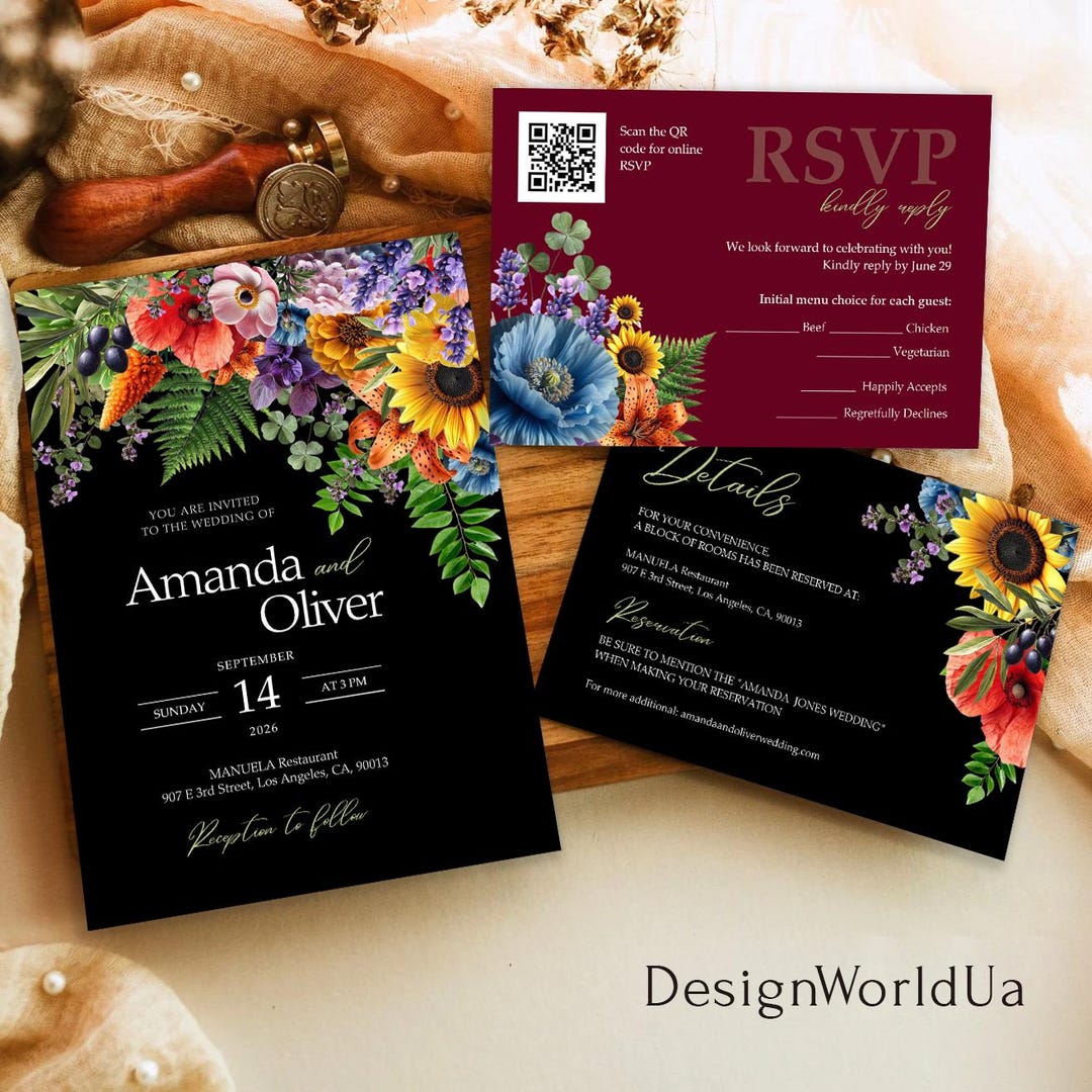 Jewel Tone Wildflower Wedding Invitation Set, Black Background Colorful ...