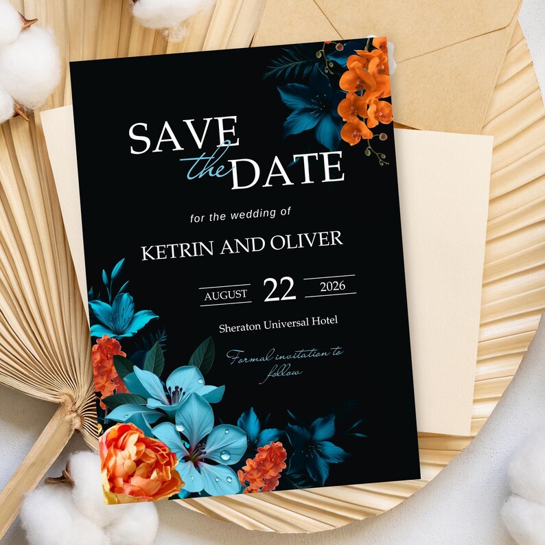 Teal & Burnt Orange Wedding Invitation: Moody Floral Design (digital ...