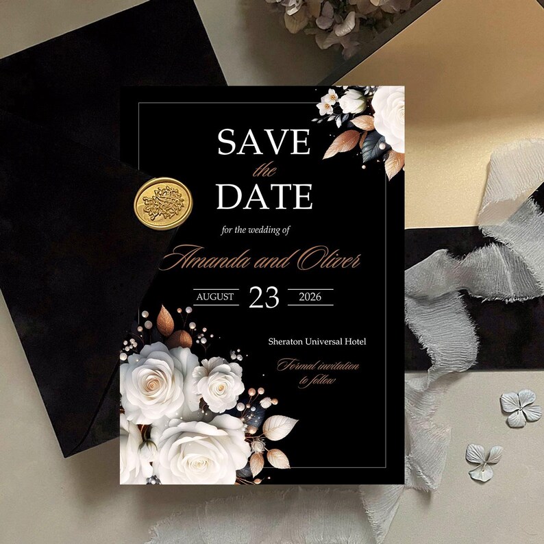Black & White Floral Save the Date: Elegant Gothic Wedding (canva ...