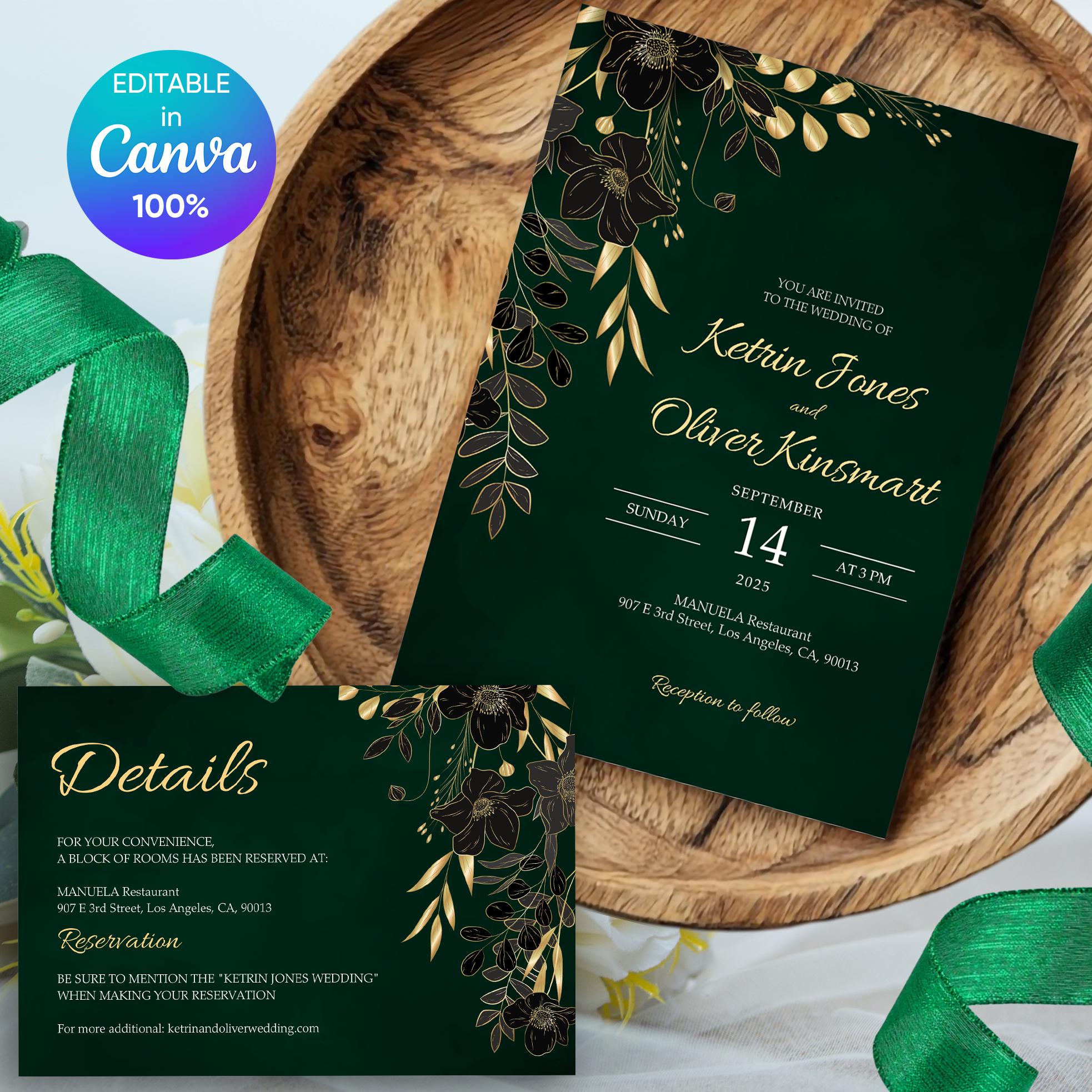 Emerald Green & Gold Wedding Invitation, Gold Foil Leaves Invite, Dark ...