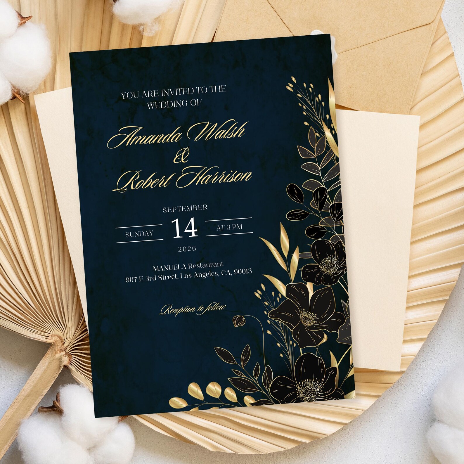 Navy Blue and Gold Wedding Invitation Template, Dark Blue Floral ...