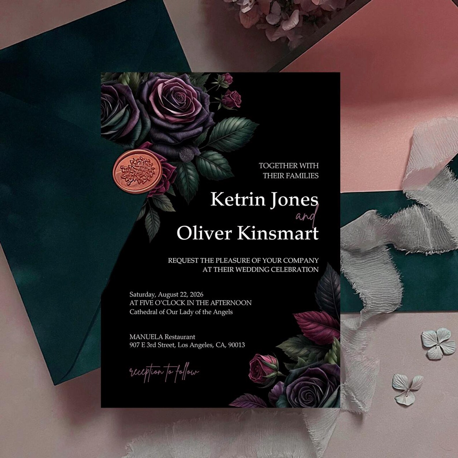 Moody Dark Gothic Floral Wedding Invitation Suit, Black Goth Wedding ...