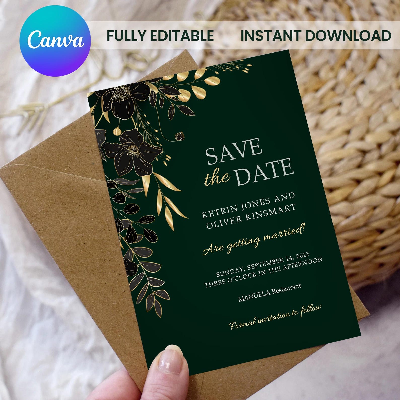 Emerald Green & Gold Save the Date, Gold Foil Leaves Save the Date ...
