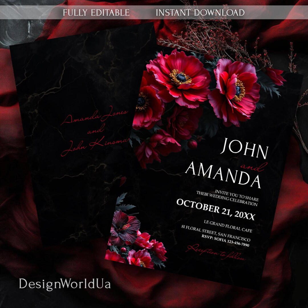 Red Floral Wedding Invitation, Black & Red Moody Wedding Design, Gothic ...