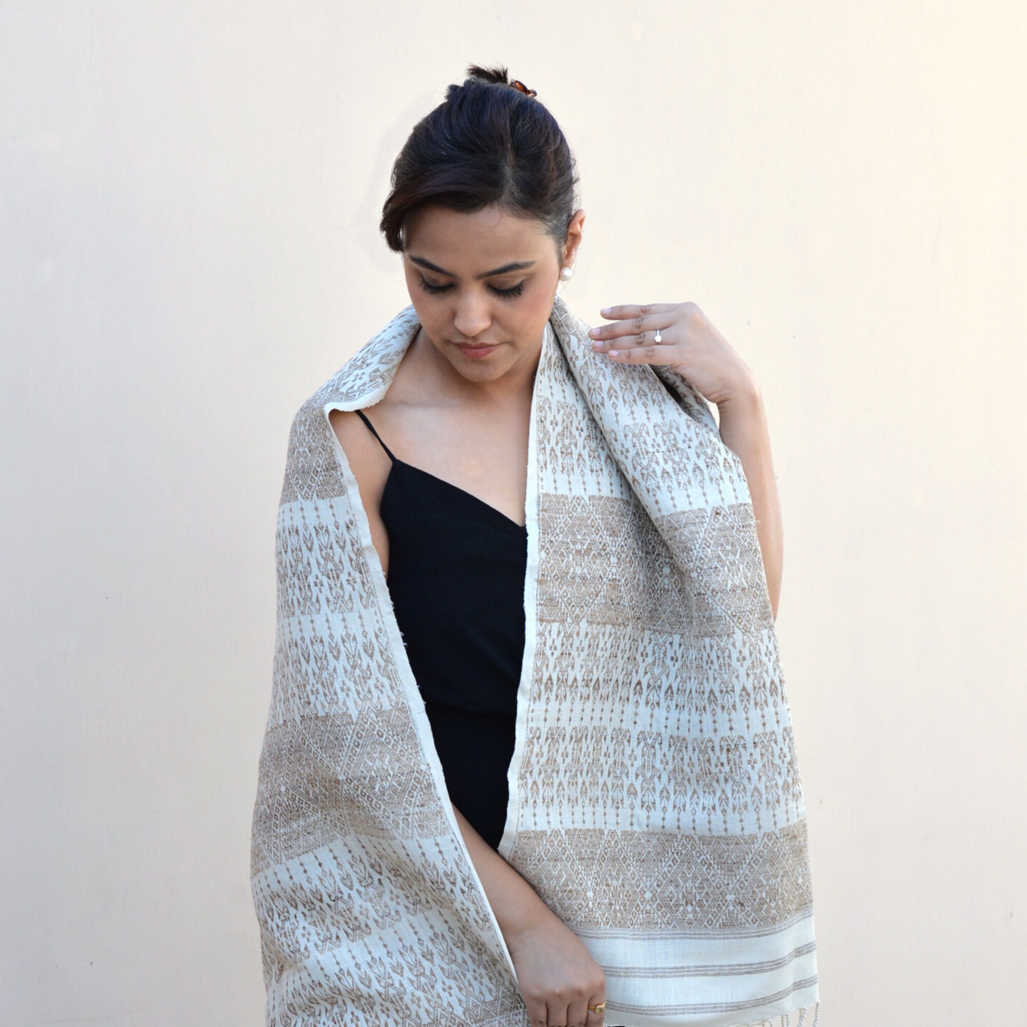 Eri Silk With Black & White Naga Pattern Stole Handwoven Natural 200 X ...