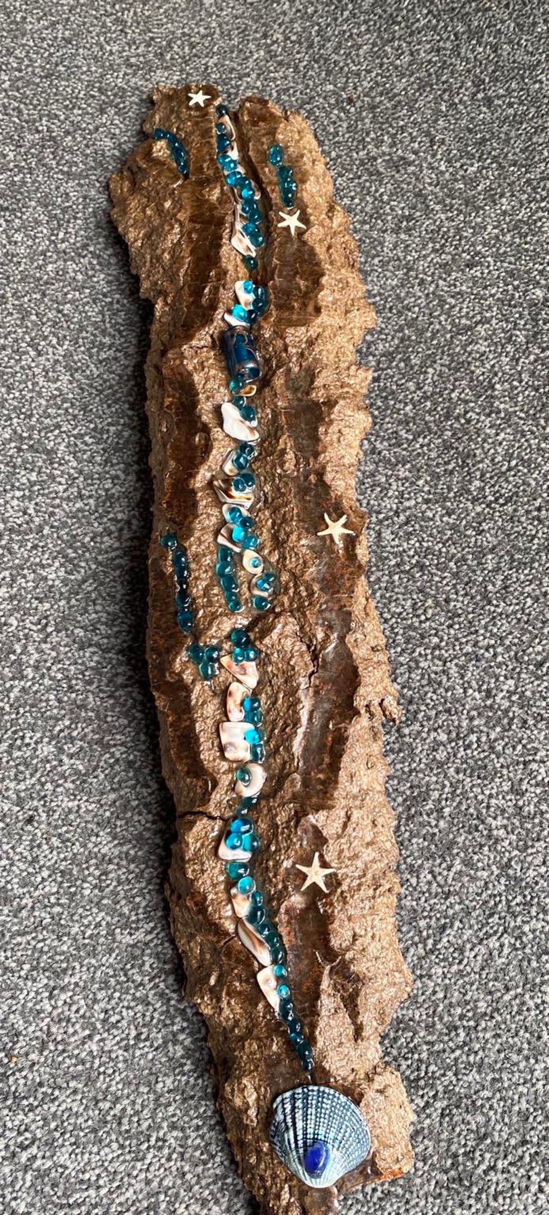 Tree Bark Sculpture. Blue Glass With Miniature Starfish and Blue ...