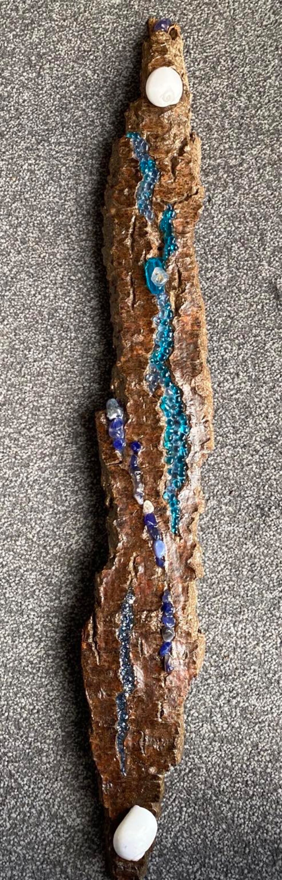 Tree Bark Sculpture With Blue Glass and Stones With Seashells Christmas ...