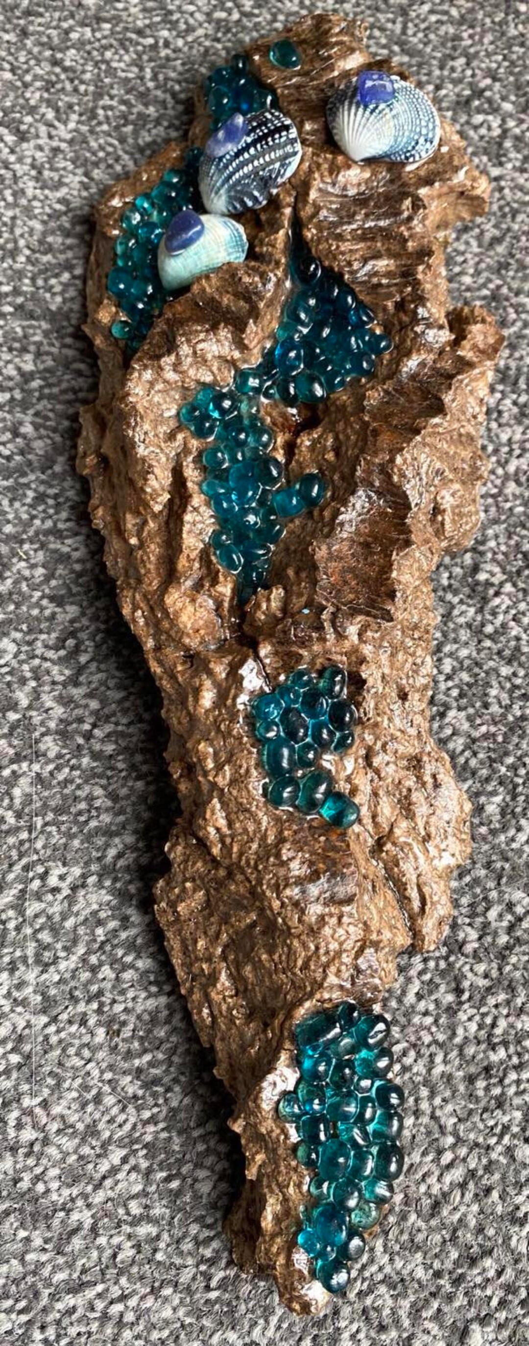 Tree Bark Sculpture With Blue Seashells With Blue Glass Christmas Gift ...
