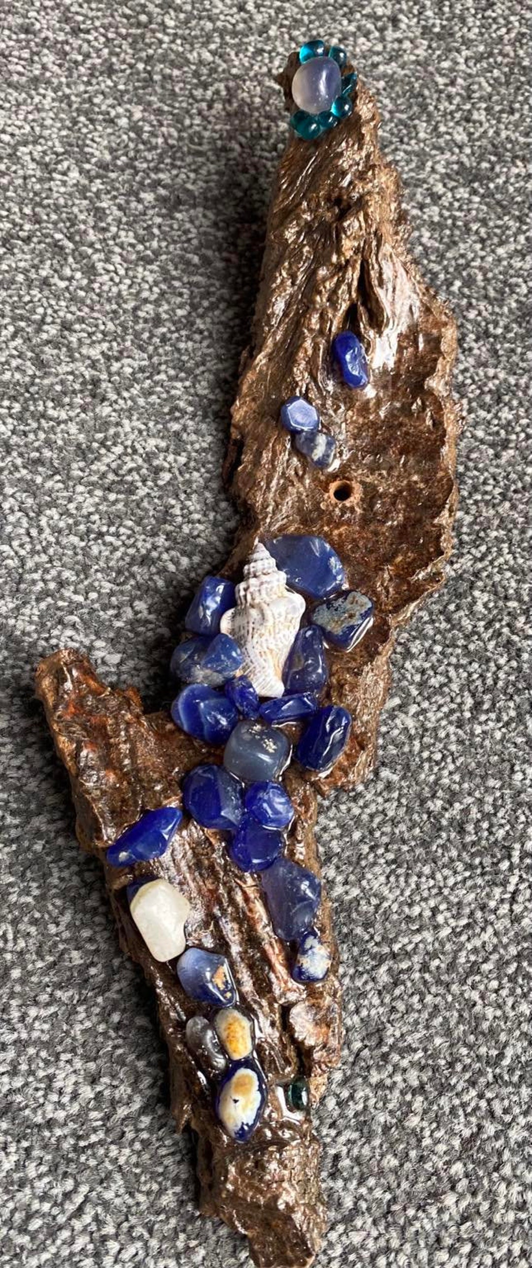 Tree Bark Sculpture With Blue Stone and Seashells Christmas Gift Idea ...