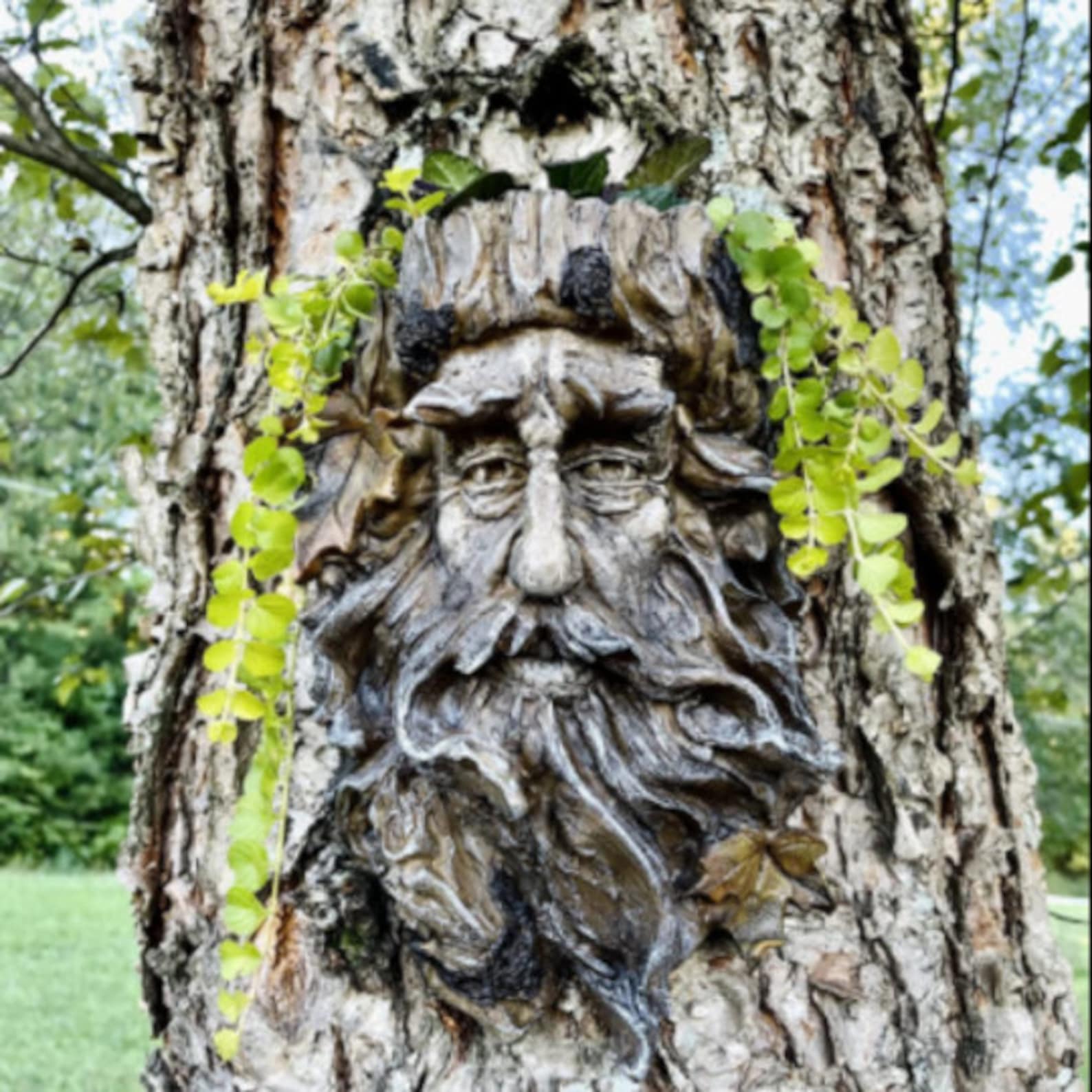 Tree Face Sculpture, Whimsical Old Man Tree Hugger Hanging Flower ...