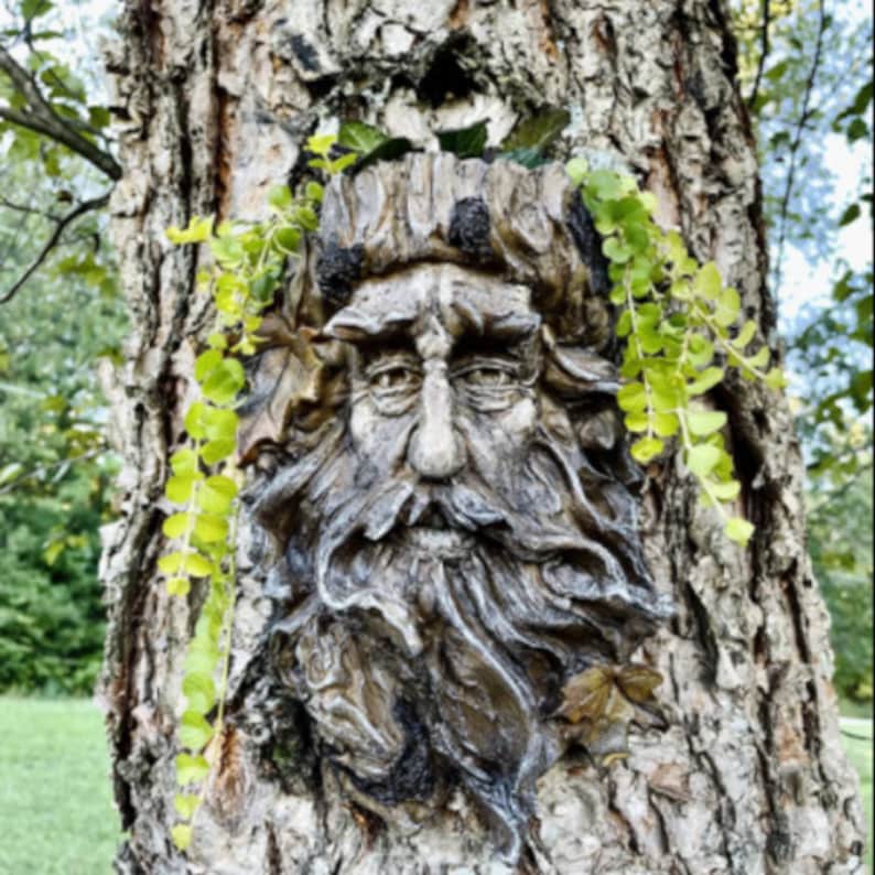 Tree Face Sculpture, Whimsical Old Man Tree Hugger Hanging Flower ...