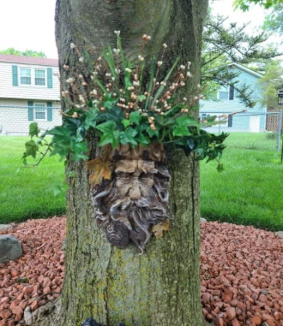 Tree Face Sculpture, Whimsical Old Man Tree Hugger Hanging Flower ...