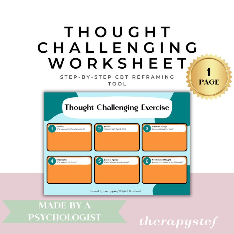 CBT Thought Record Worksheet | Anxiety & Negative Thought Challenging ...