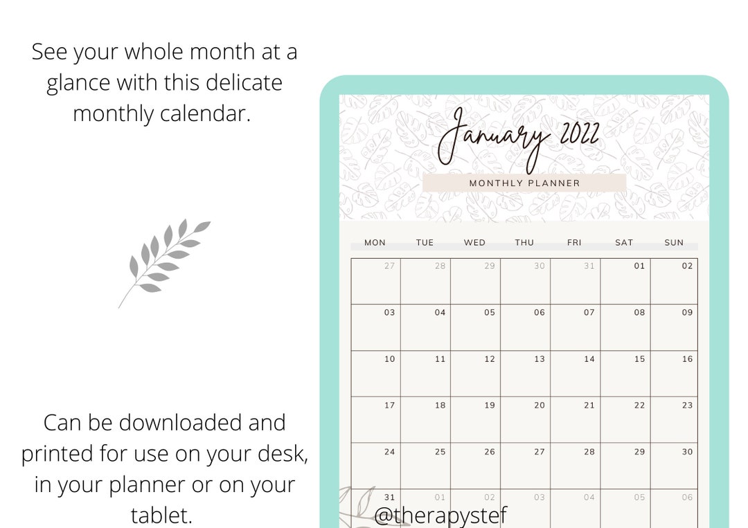 Monthly January 2022 Planner Printable Monthly Planner 2022 at A Glance ...