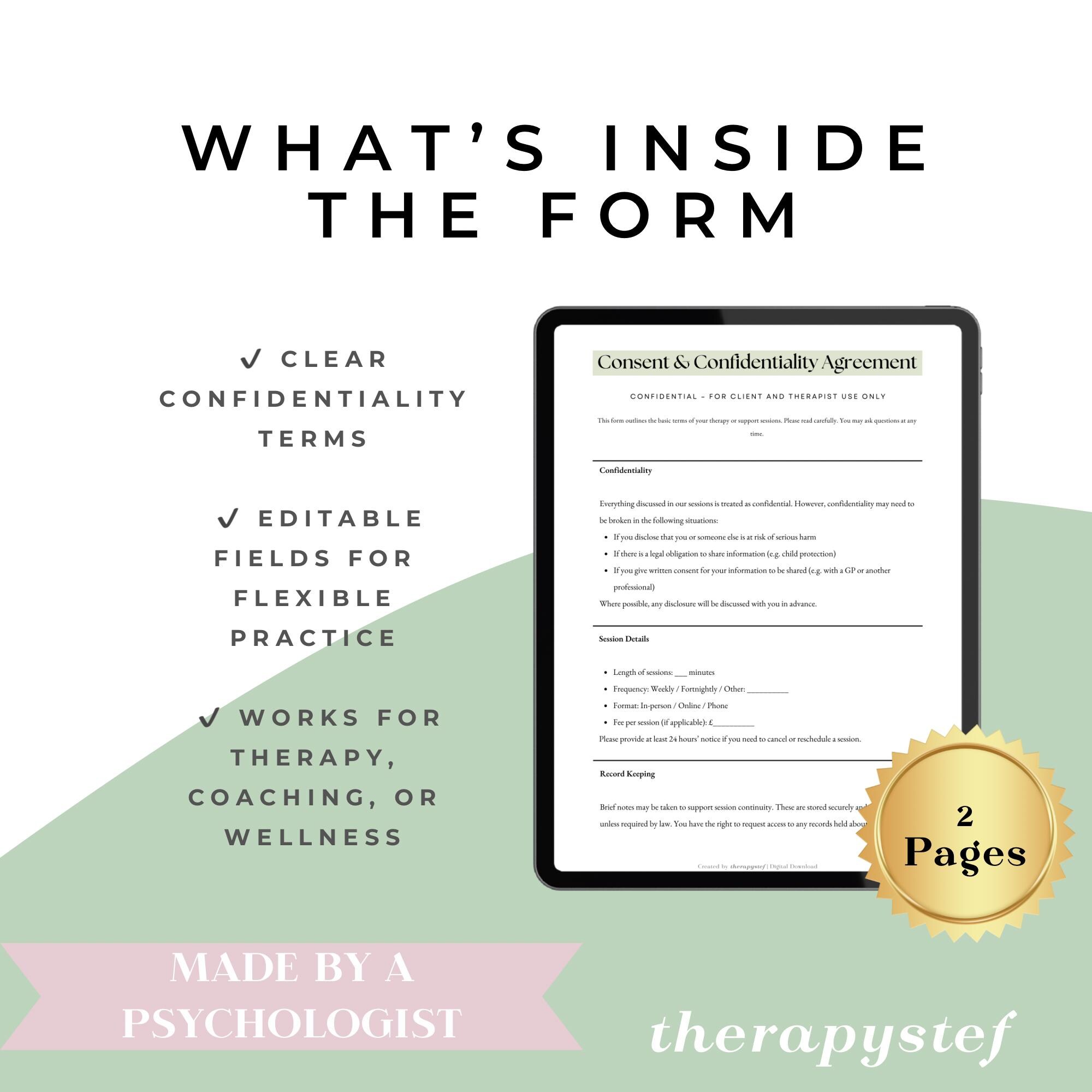 Therapist Consent Form – Printable Confidentiality Agreement | A4 PDF ...
