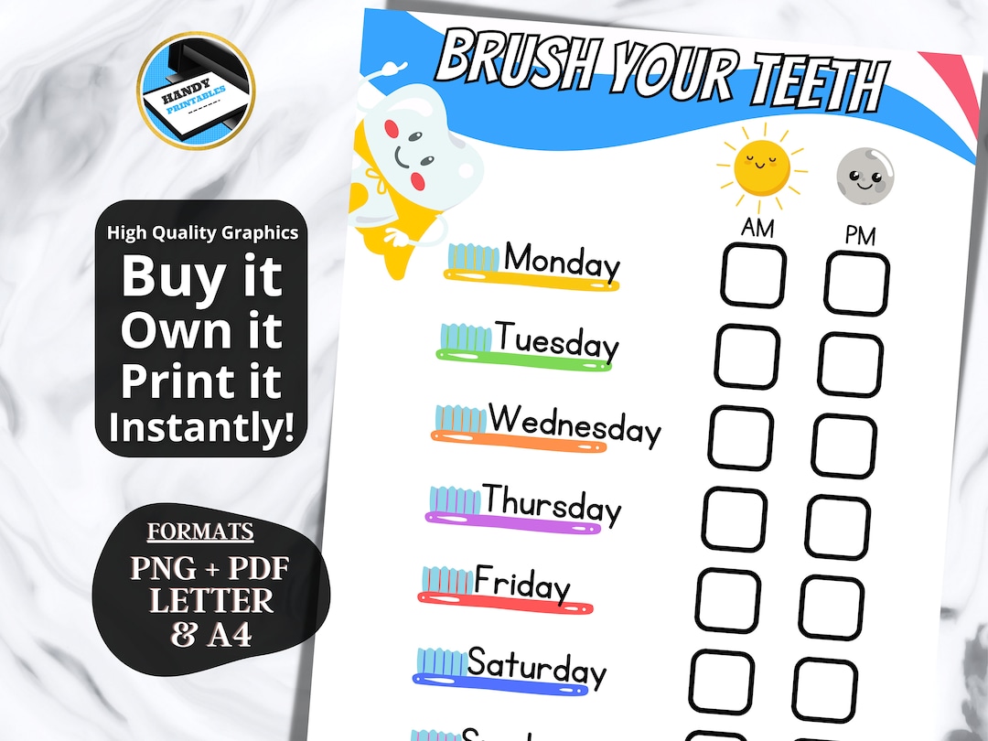 Brush Teeth Printable, Kids Brushing, Weekly Brushing Checklist, Brush ...