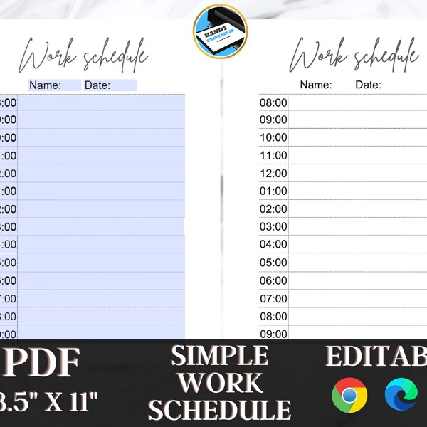 Simple Editable Work Schedule, Printable Work Schedule, PDF Schedule ...