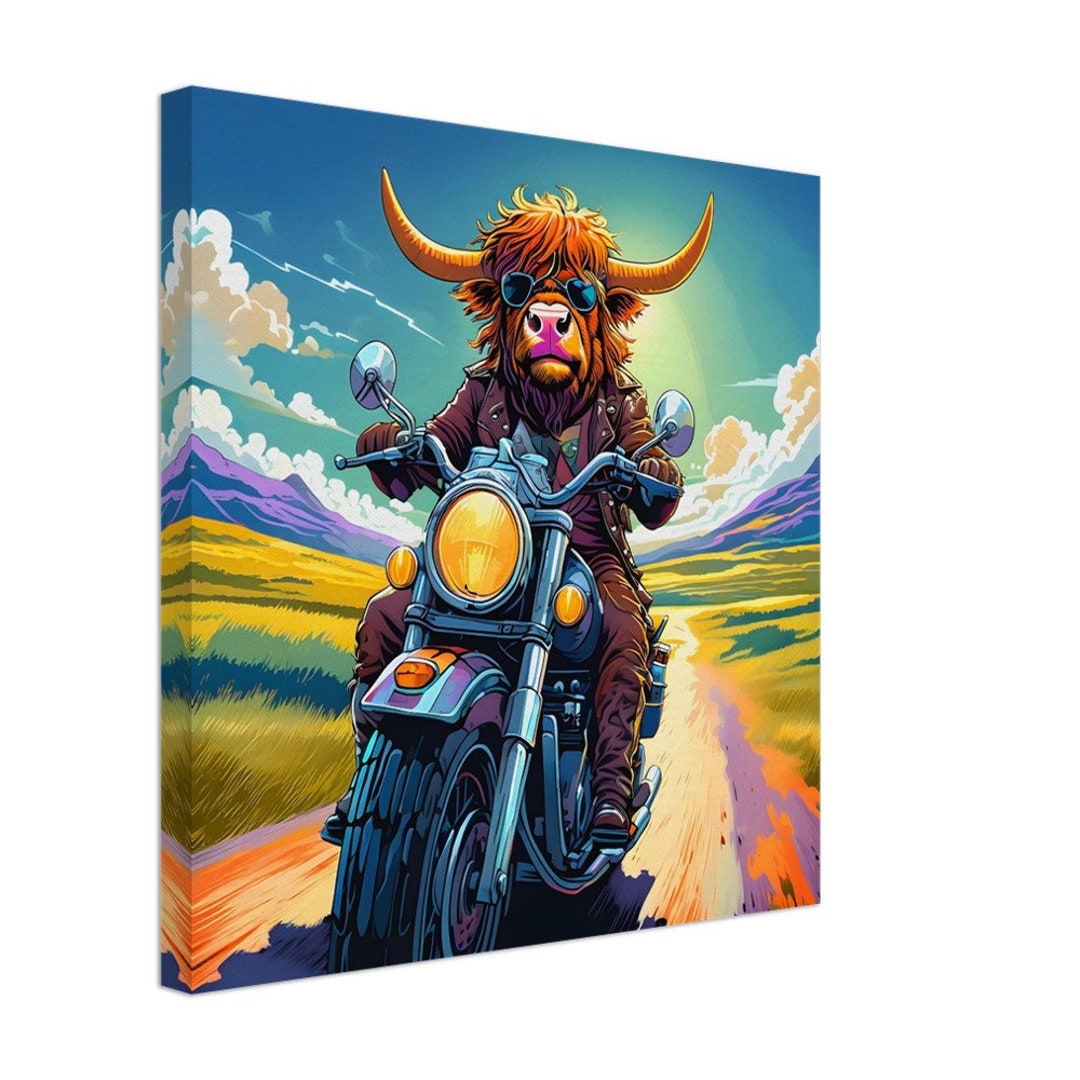 Abstract Highland Cow Riding Motorcycle Bathroom Decor Handmade Wall ...