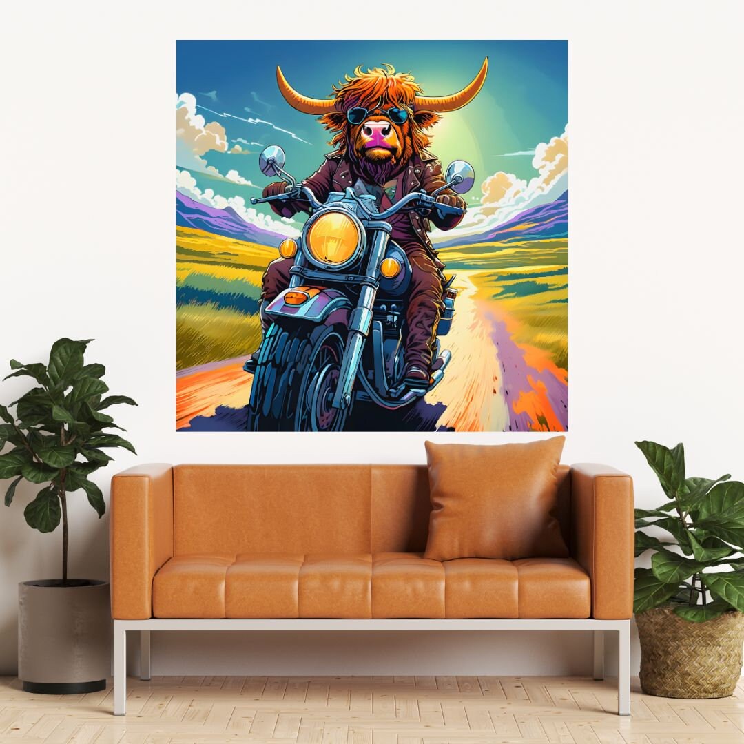Abstract Highland Cow Riding Motorcycle Bathroom Decor Handmade Wall ...