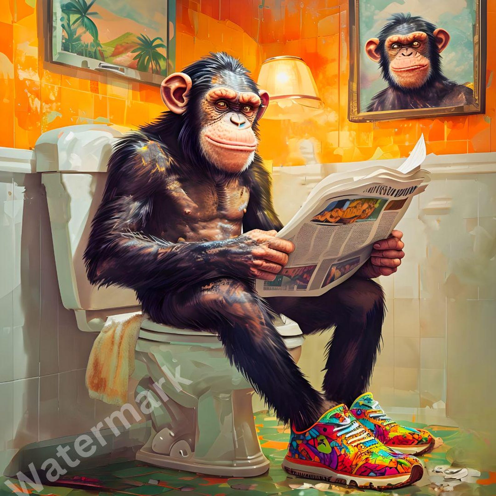 Chimpanzee Reading News in Bathroom, Quirky Toilet Art (digital ...