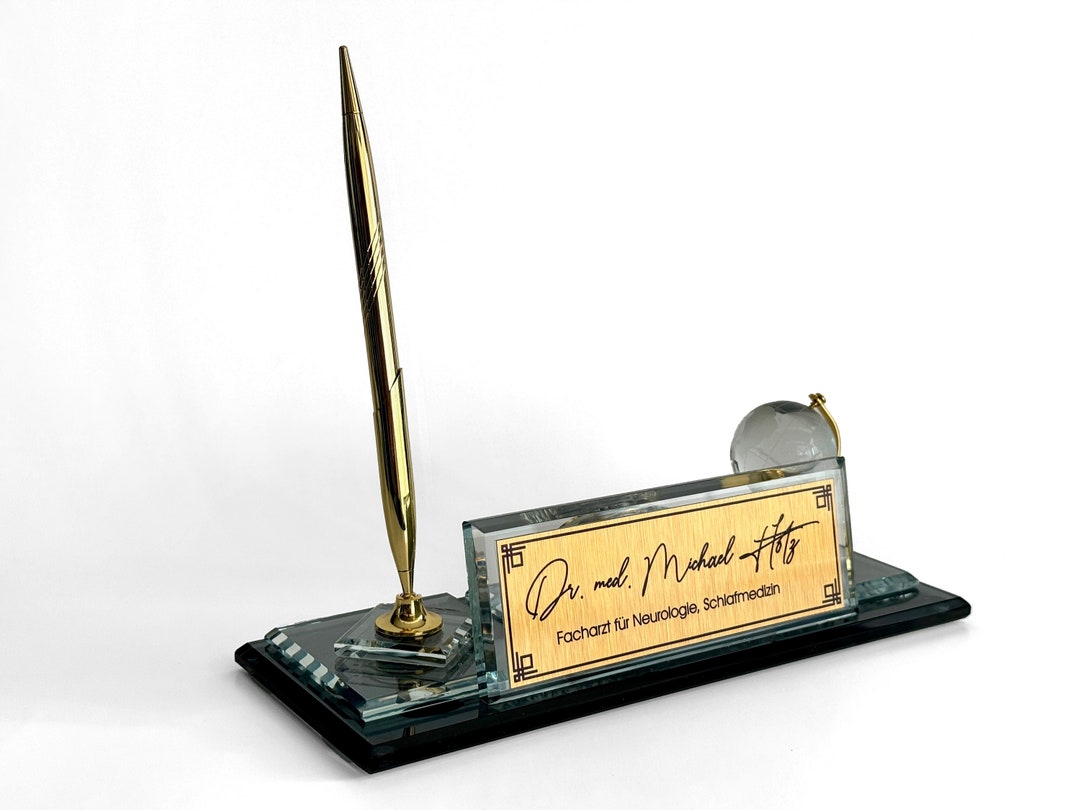 Custom Medical Doctor Desk Name Plate With Logo and Globe, Black Glass ...