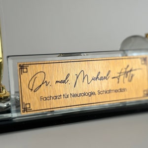 Custom Medical Doctor Desk Name Plate With Logo and Globe, Black Glass ...
