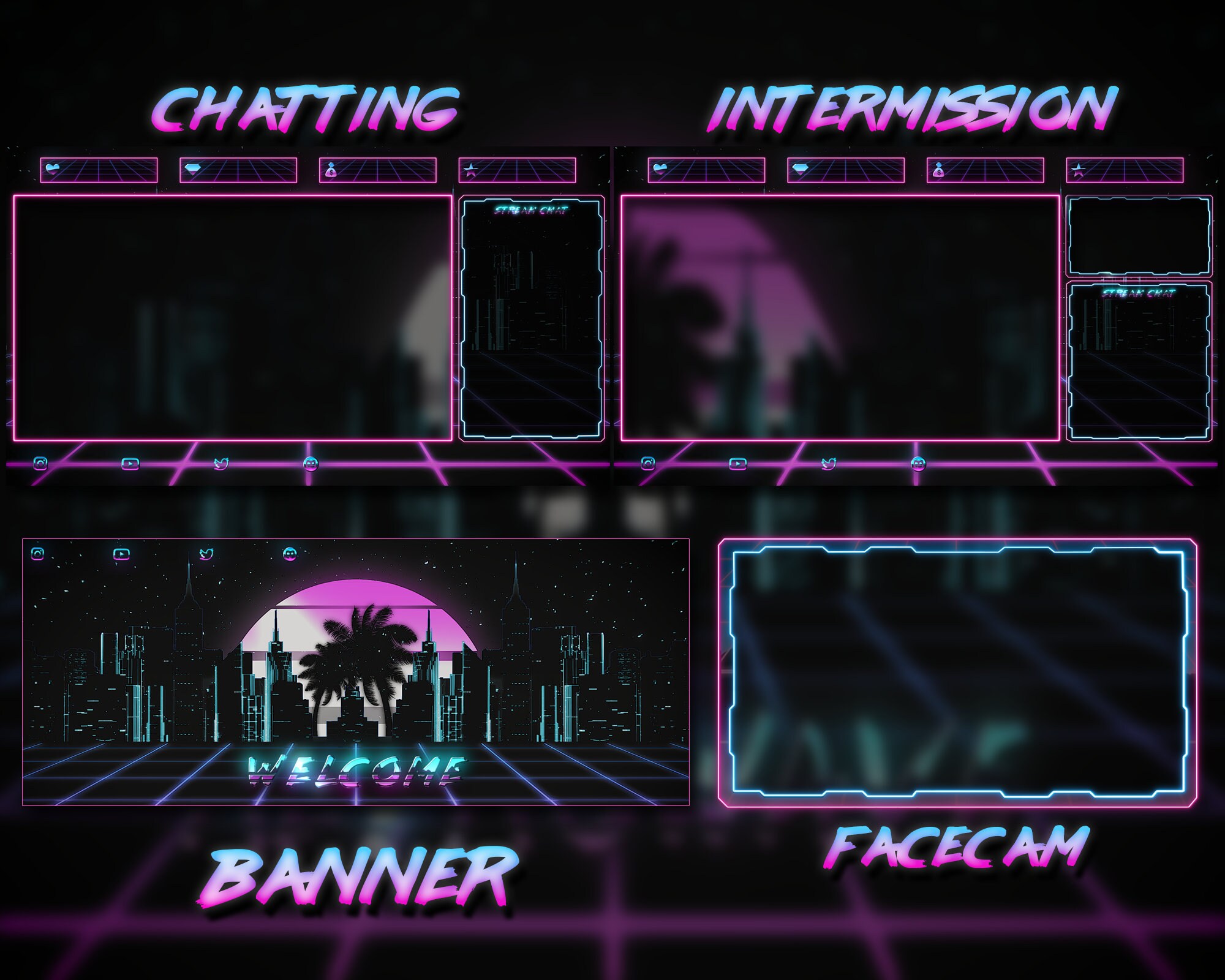 Animated Retrowave Stream Overlay Package - Screens, Webcam, Alerts ...