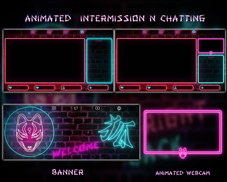 Animated Japanese Neon Stream Overlay Package - Kitsune Themed ...