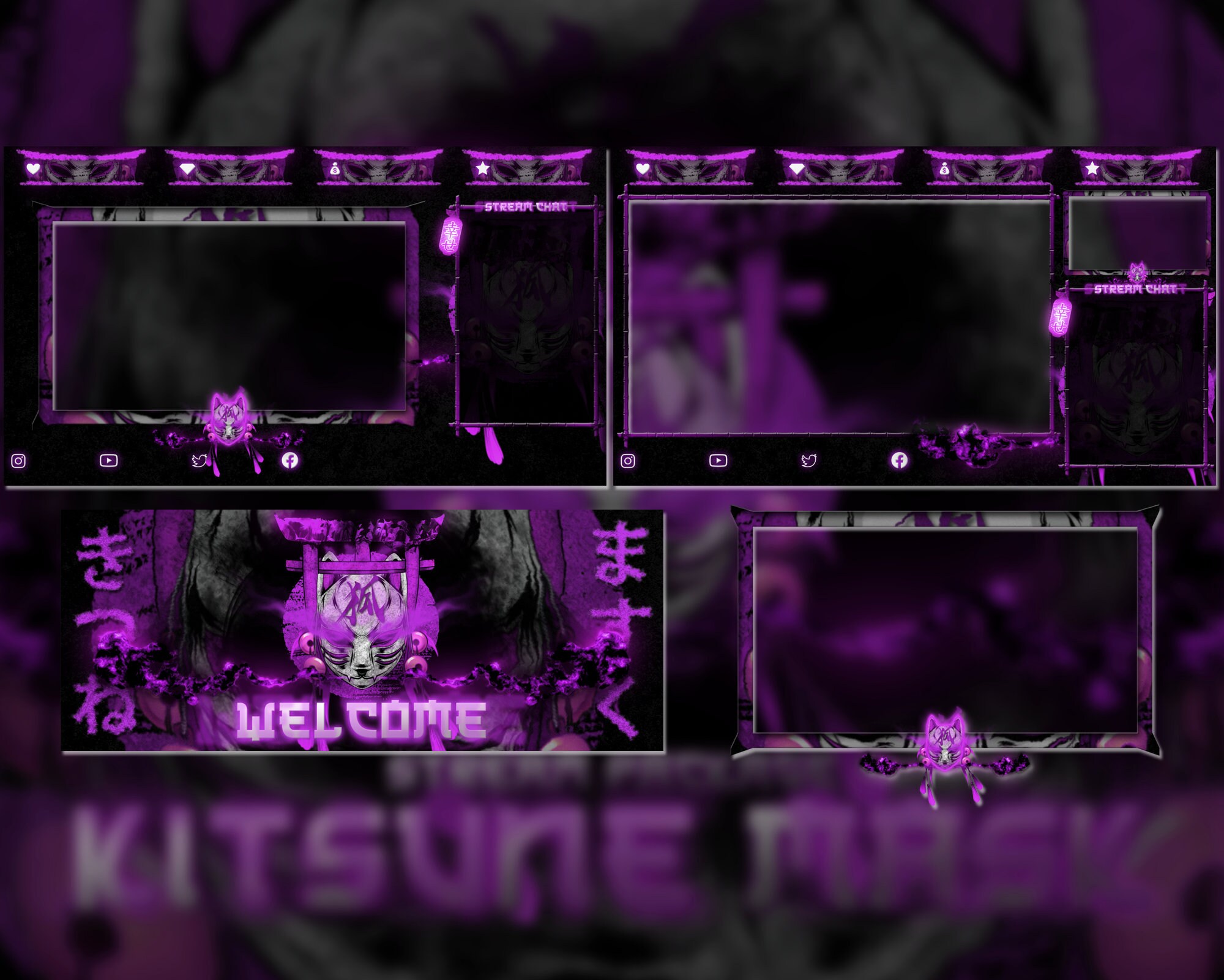 Kitsune Mask Animated Twitch Overlay Package | Japan Purple Theme ...
