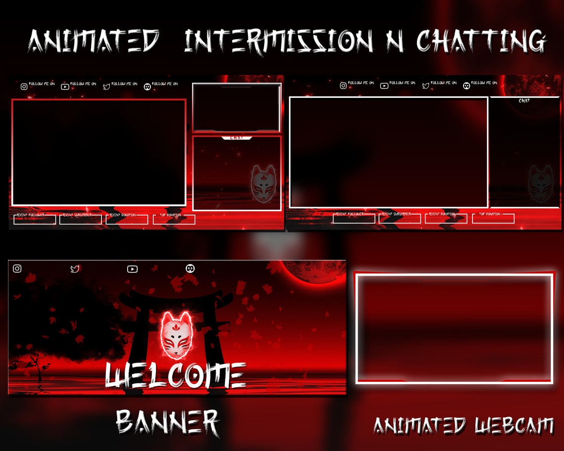 Animated Japanese Stream Overlay Package Kitsune Mask Themed Screens ...