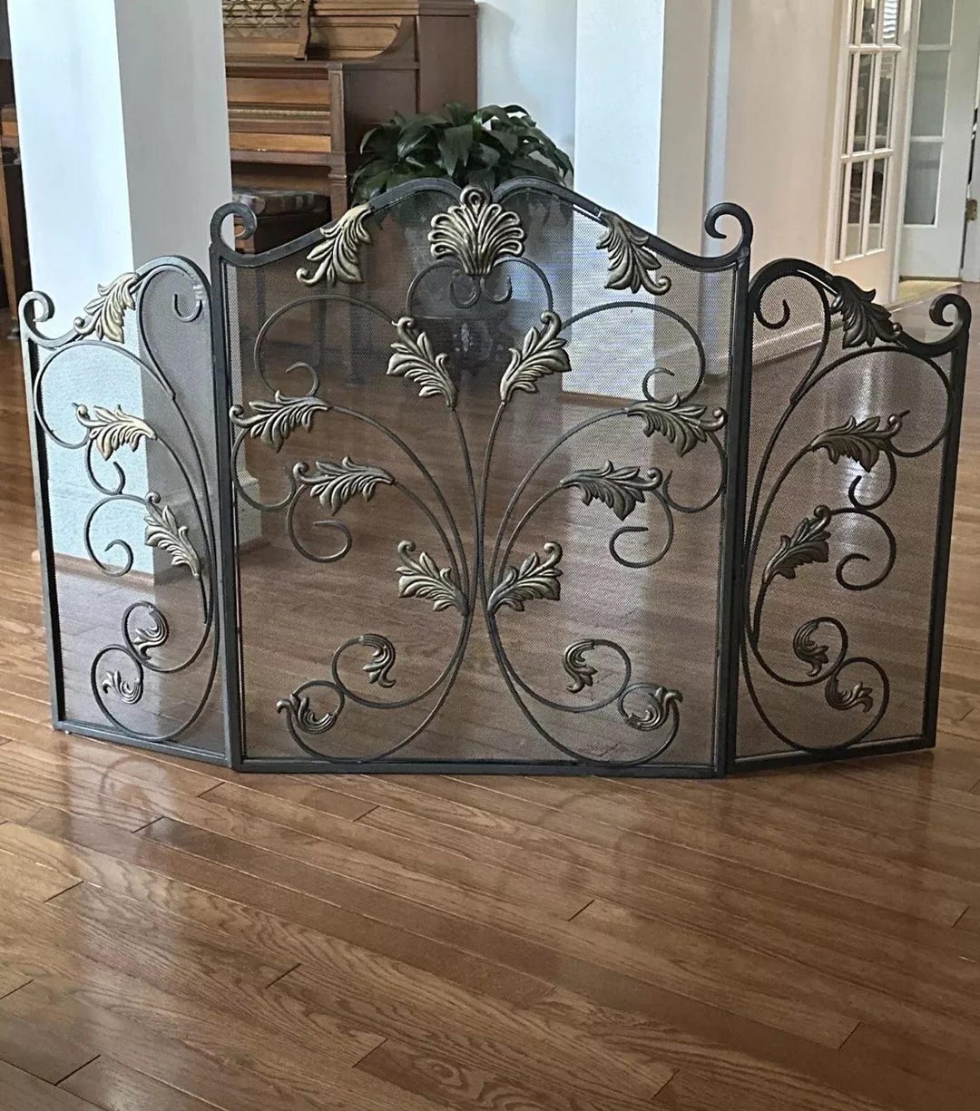 Vintage French Country Scroll Fireplace Screen Black Mesh 3 Panels ...