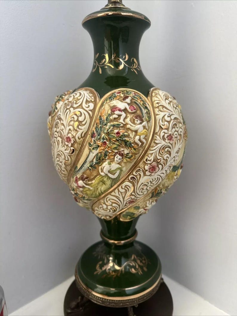 VTG CAPODIMONTE Large Table Lamp 33” Tall ITALY Original Berger Harp ...
