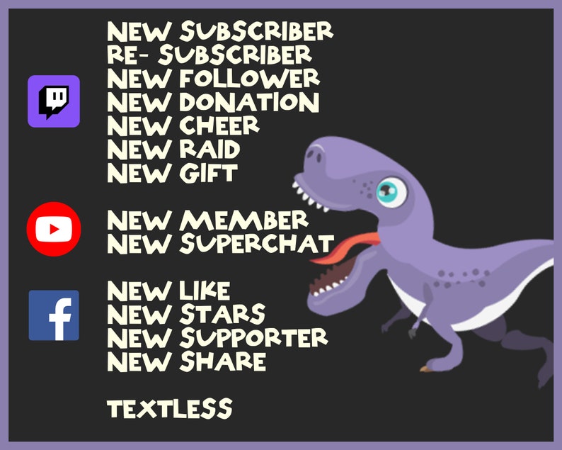 Animated Alerts for Twitch Streams, Cute T-rex Dinosaur Alert Overlay ...