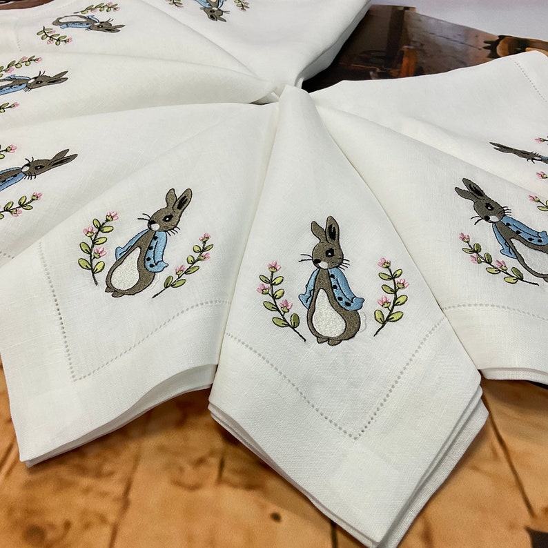 Embroidered Easter Bunny Linen Table Napkins, Easter Dinner Napkins ...
