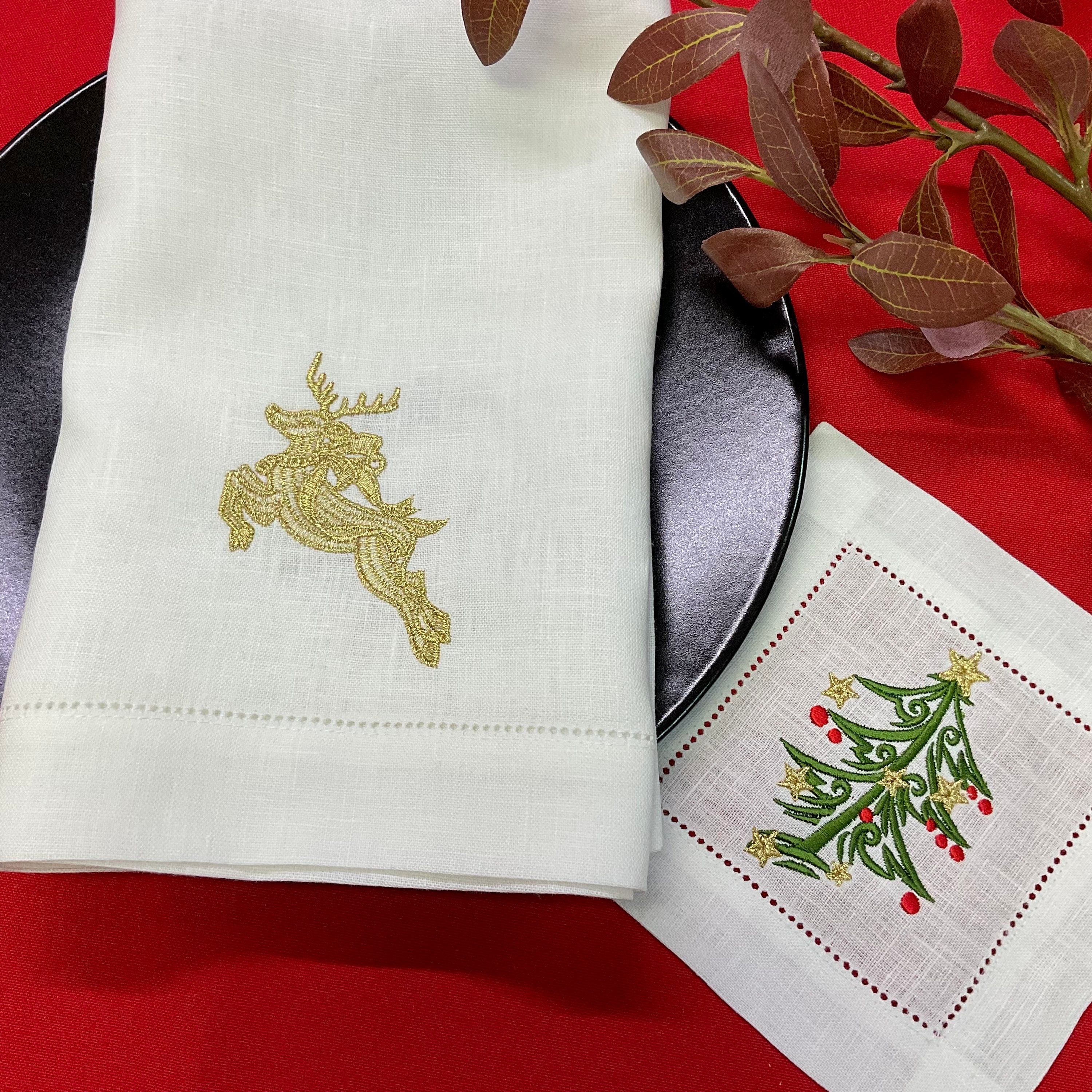 Festive Linen Cocktail Napkins With Embroidered Christmas Trees Get ...