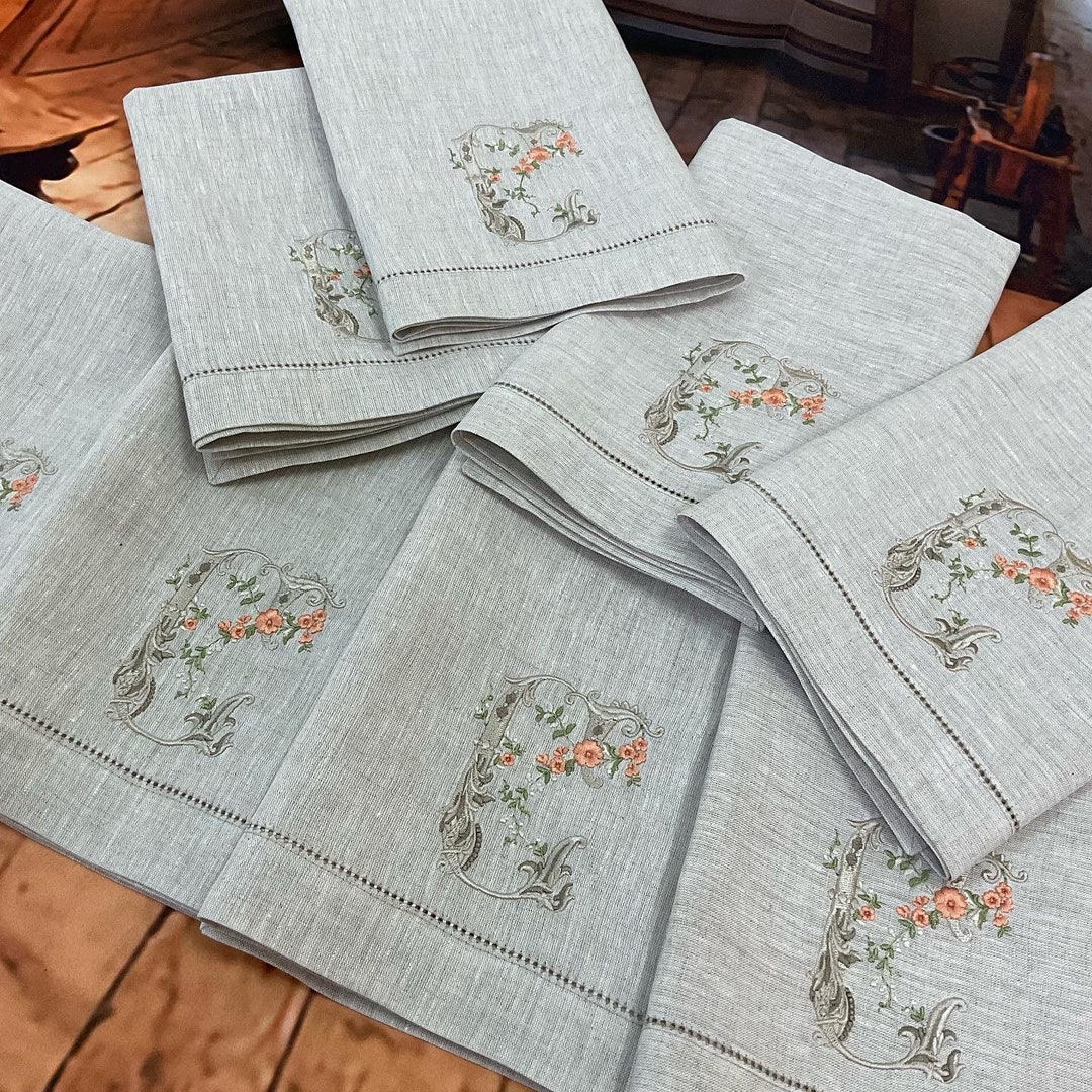 Floral Letter Embroidered Wedding Day Gift Linen White Napkins ...