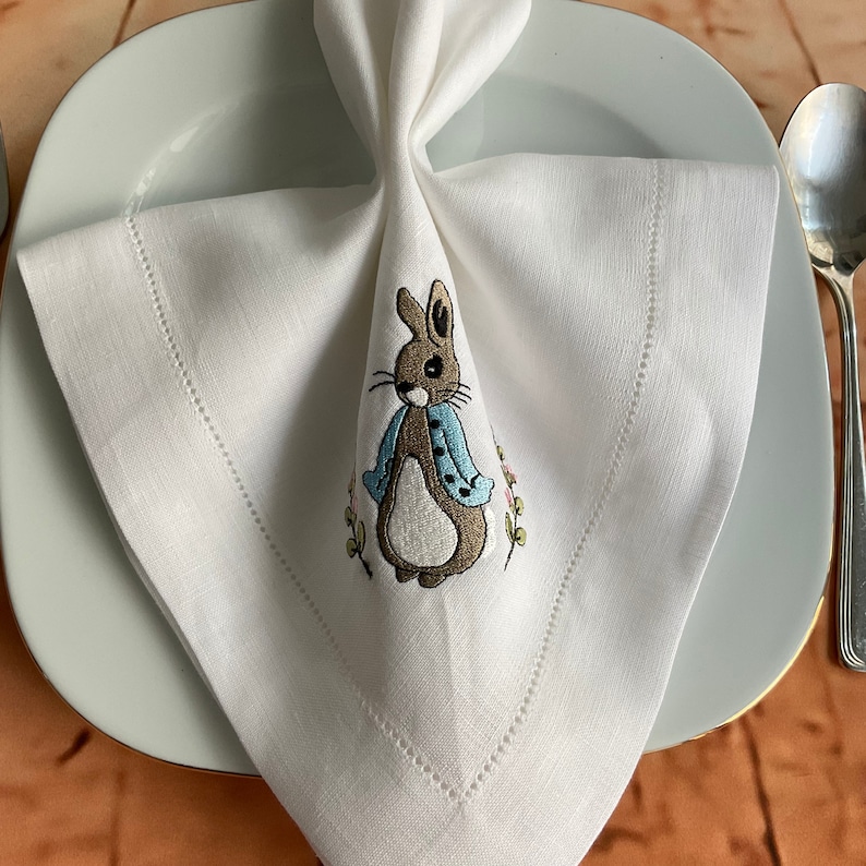 Embroidered Easter Bunny Linen Table Napkins, Easter Dinner Napkins ...