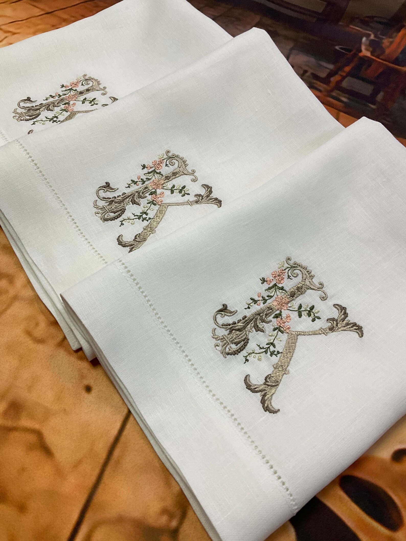 Floral Letter Embroidered Mother's Day Gift Linen White Napkins ...