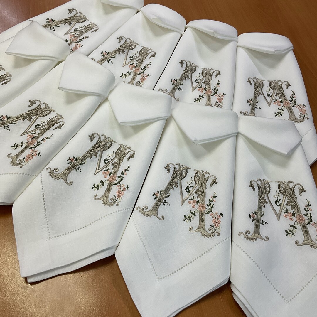 Floral Letter Embroidered Mother's Day Gift Linen White Napkins ...
