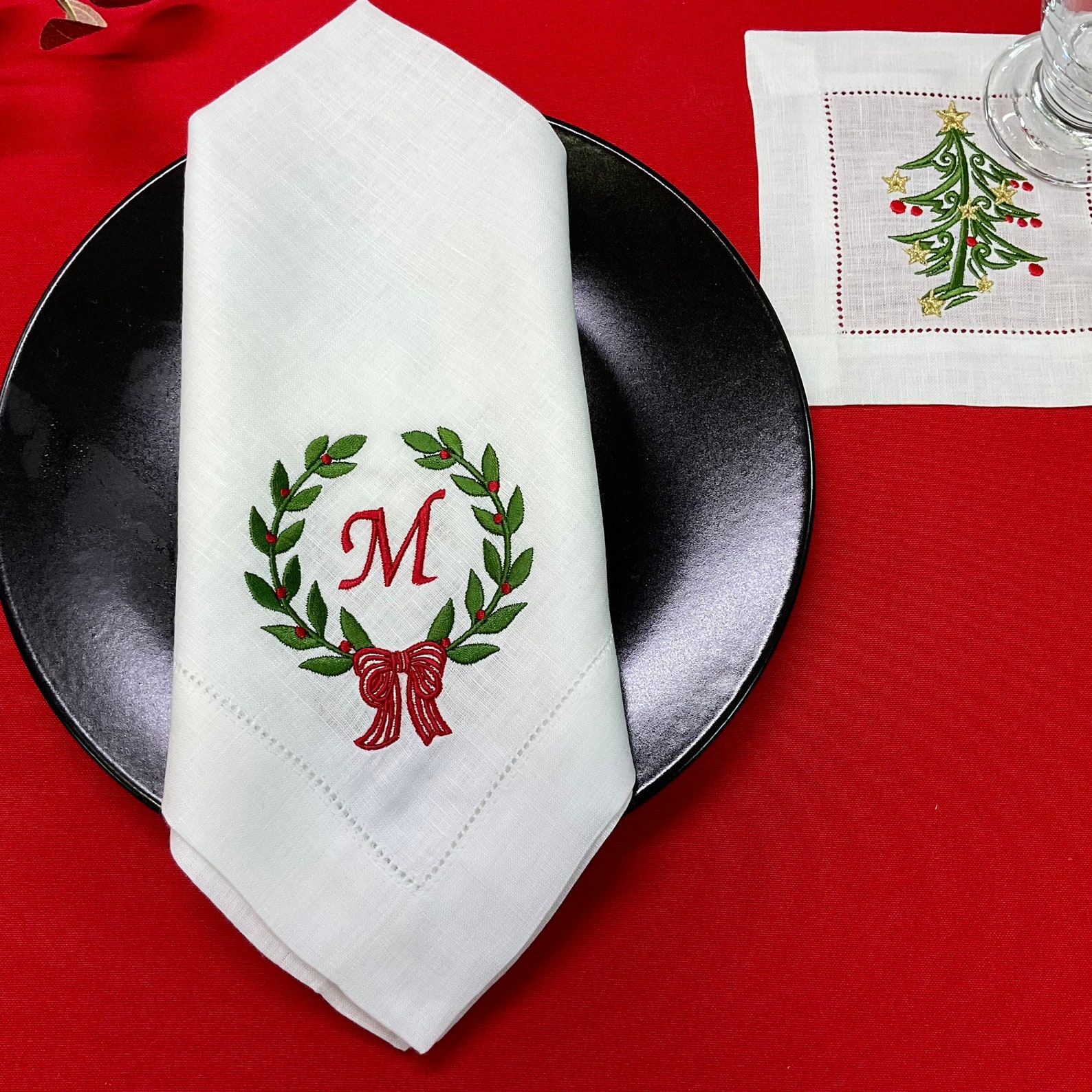 Festive Linen Cocktail Napkins With Embroidered Christmas Trees Get ...