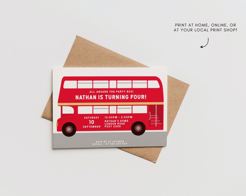 Red London Bus Invite | Red Party Bus | Birthday Party | Edit Yourself ...