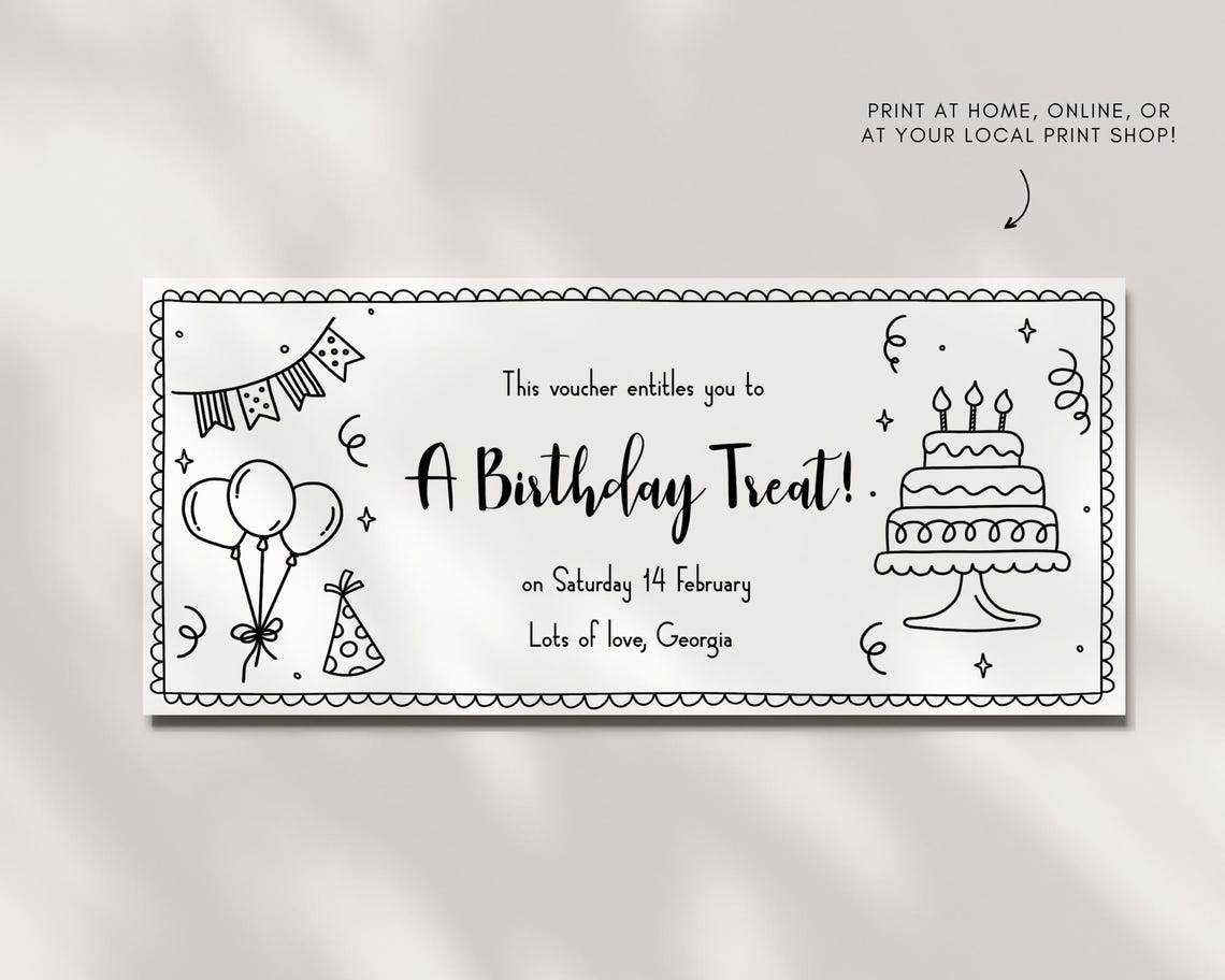 Editable Birthday Treat Gift Ticket: Printable Surprise Voucher ...