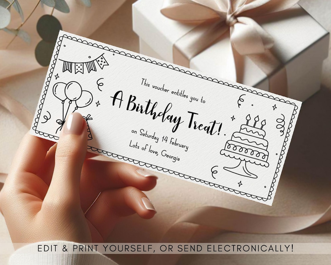 Editable Birthday Treat Gift Ticket: Printable Surprise Voucher ...