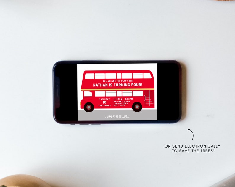 Red London Bus Invite | Red Party Bus | Birthday Party | Edit Yourself ...