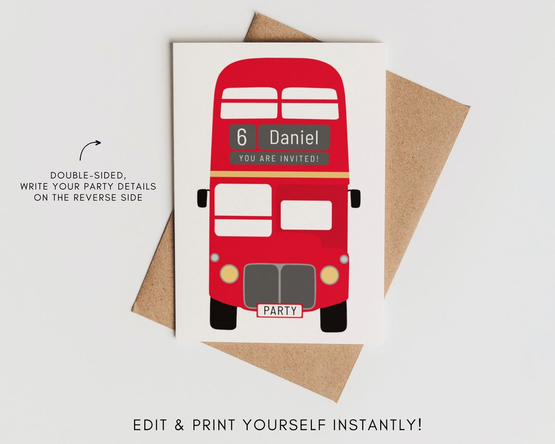 Red London Bus Invite | Red Party Bus | Birthday Party | Edit Yourself ...