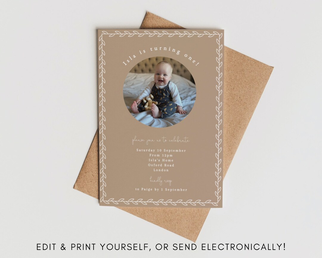 Photo Birthday Party Invite: Neutral Beige, Editable Template (digital ...