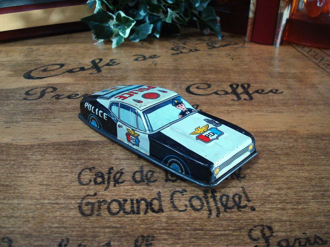 Vintage Black & White Litho Tin Toy Friction Police Squad Car, Made in ...